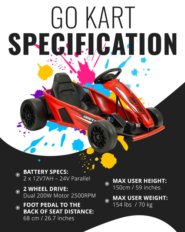 Hyper 24V Ride-On Electric Go Kart for Kids 8-14 Years, 3-Speed Setting with Drift Kart Mode, Foot Accelerated Pedal, Up to 9MPH Speed, 154 Lbs Max Weight, Ergonomic Seat & Sturdy Steel Frame, Red