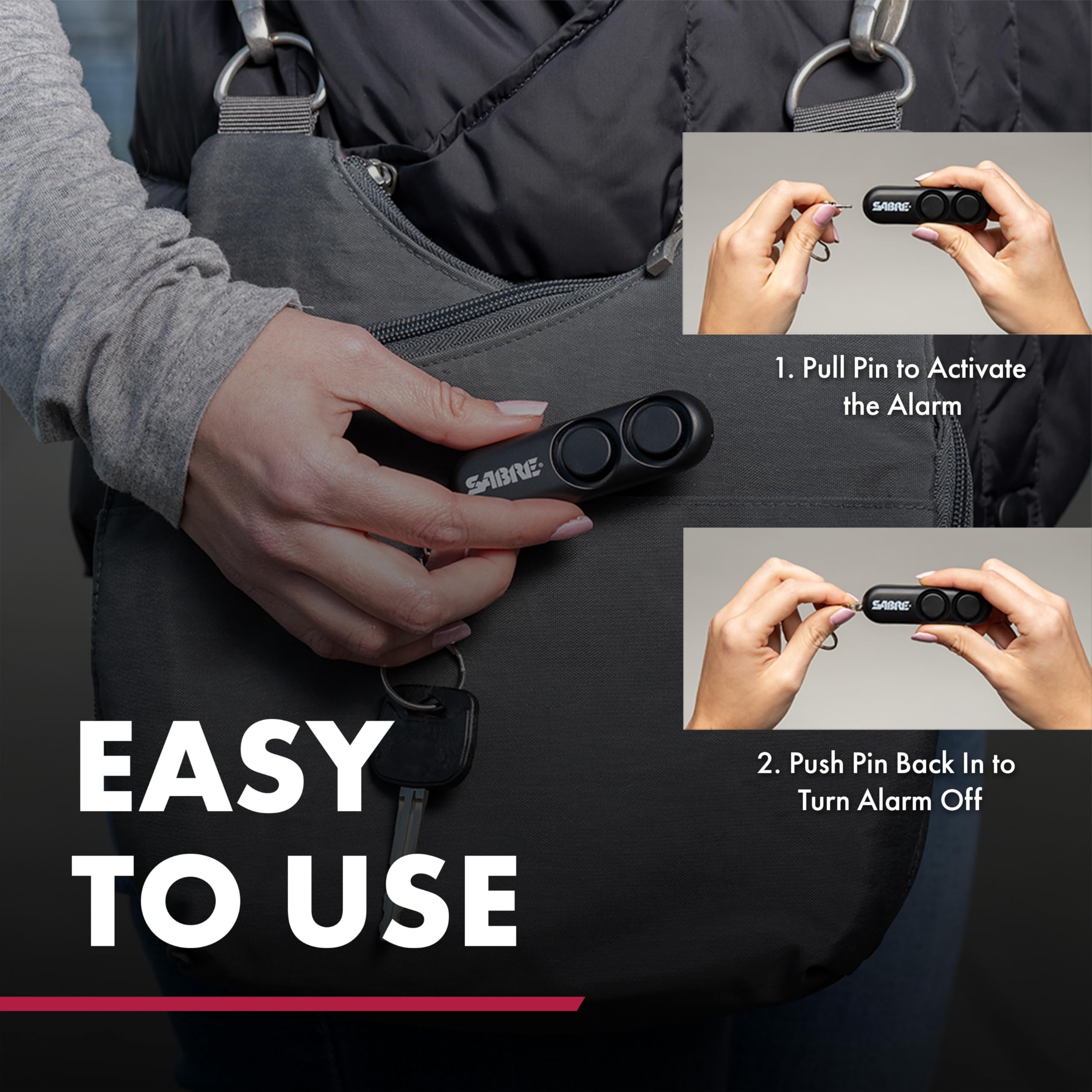 SABRE Personal Alarm With Key Ring, 120dB Alarm, Audible Up To 1,280 Feet (390 Meters), Simple Operation, Reusable, Black