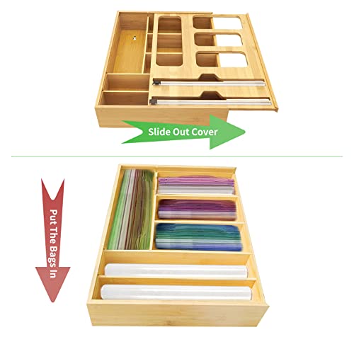 Klokliv Bamboo Ziplock Bag Storage Organizer with Sliding Lid,Foil and Plastic Wrap Organizer, Bamboo Aluminum Foil Dispenser With Cutter, 6 In 1 Sandwich Bag Organizer