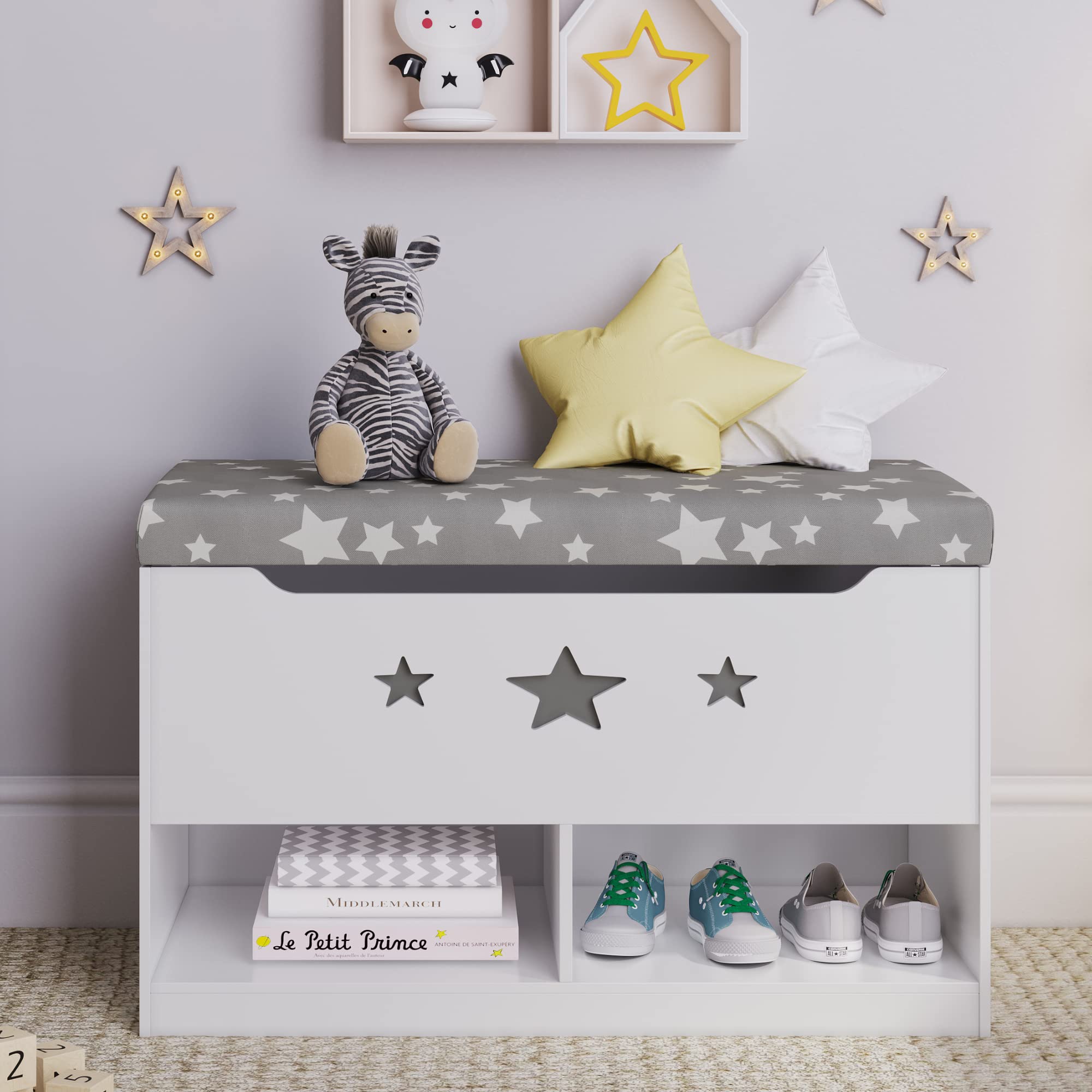 Sturdis Kids Toy Box – Gray & White with Cushion Storage Bench Seat, Toy Storage Chest And Cubby Space For Shoes And Books Organizers