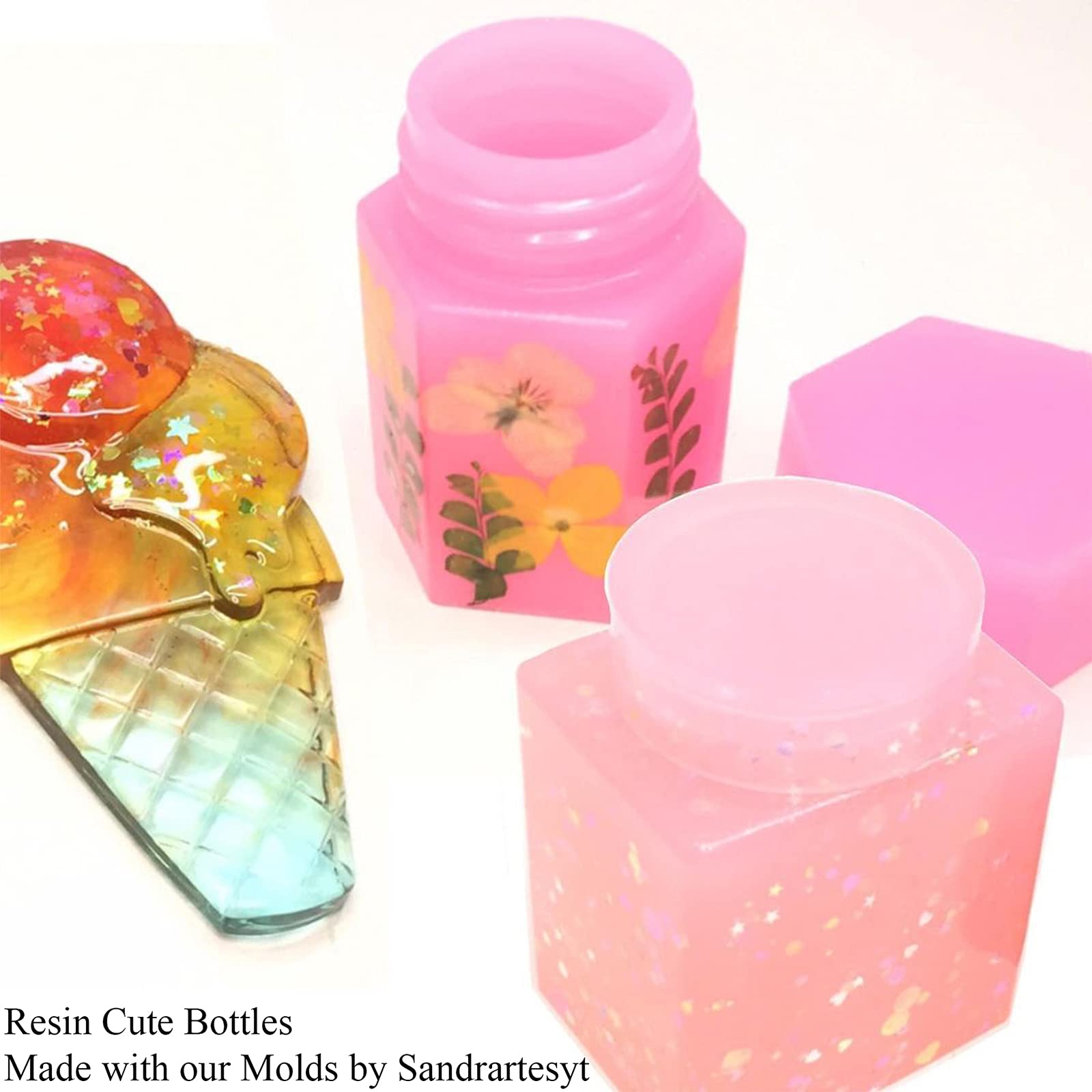 FUNSHOWCASE Bottle Container Epoxy Resin Silicone Tray with Screw Caps for Storage Jar, Jewelry Container, Hexagon Rectangle 2-in-Set Large Height 3.7inch