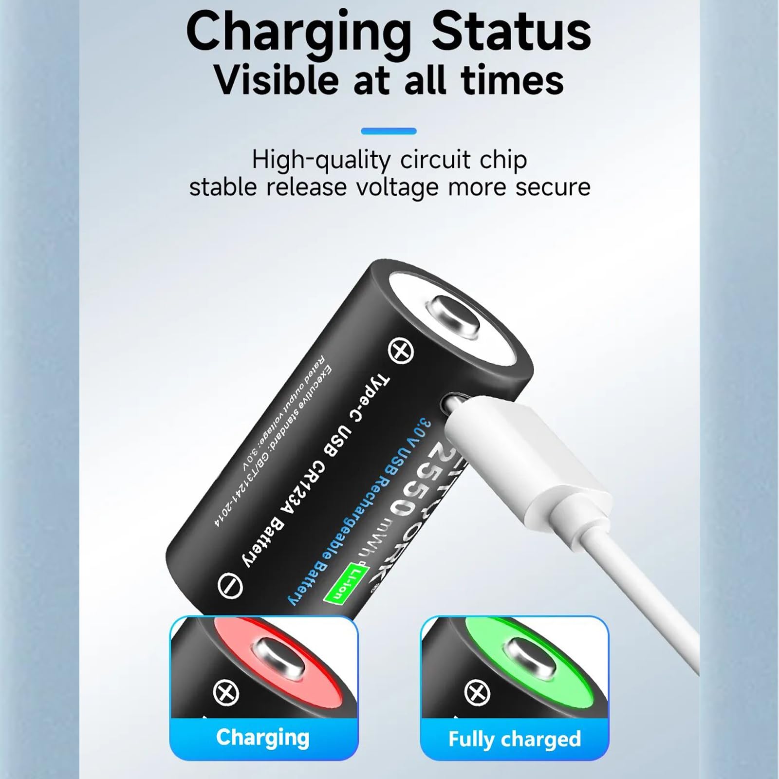 CITYORK CR123A 2550mWh Lithium Battery 6 Pack, 2550mWh CR-123A Lithium Battery for High Intensity Flashlight, Home Safety, Security Devices with 4 in 1 USB-C Cable(Not D Size Battery)