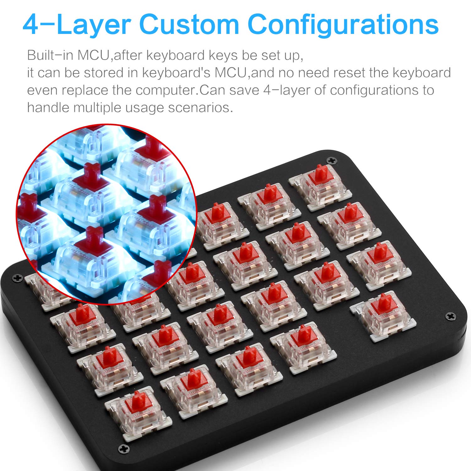 Koolertron One Handed Macro Mechanical Keyboard, Blue LED Backlit Portable Mini One-Handed Mechanical Gaming Keypad 23 Fully Programmable Keys Red Switches (Blue Backlit/Red switches)