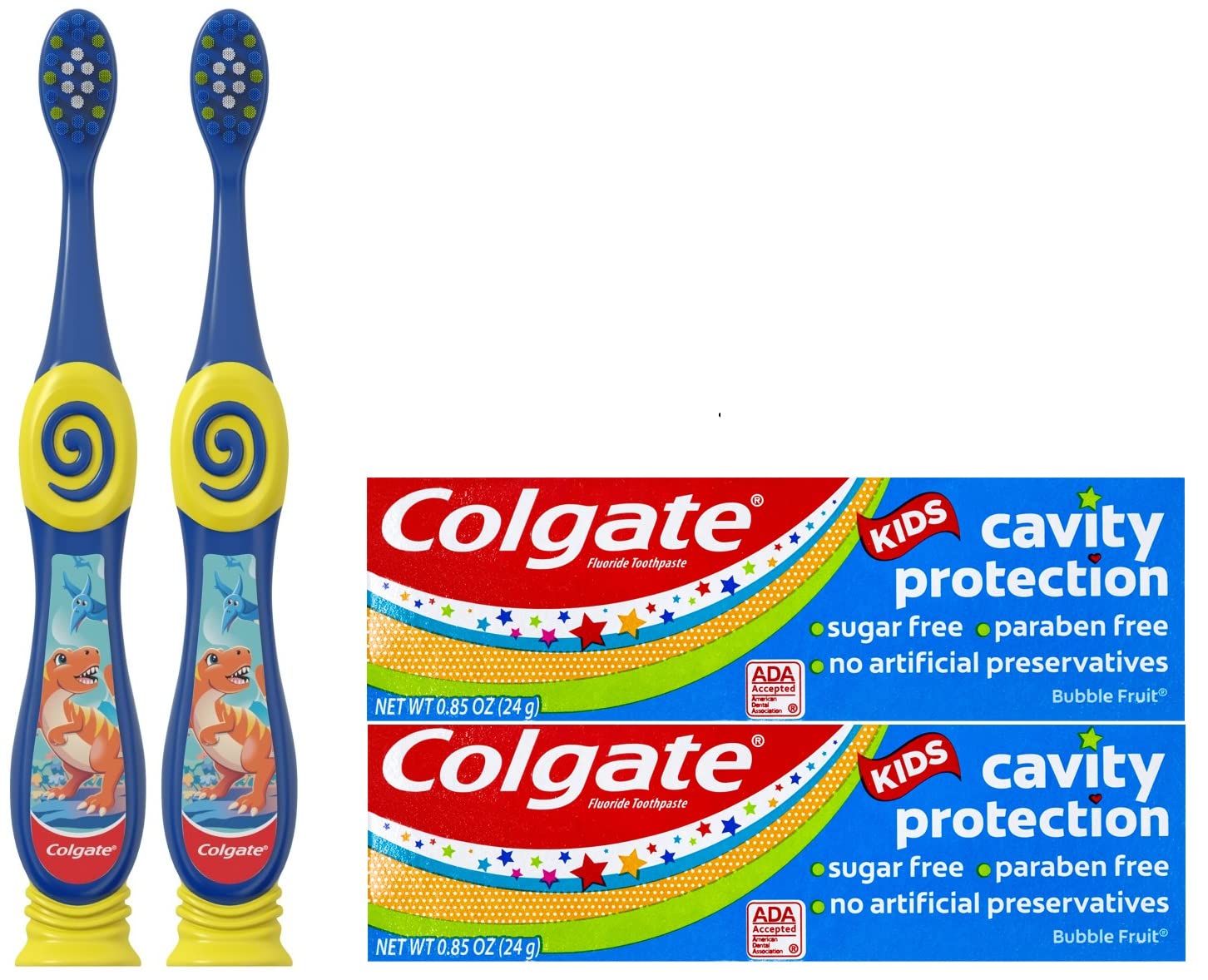 Colgate Dinosaur Toothbrush for Children with Suction Cup, Kids 2-5 Years Old, Extra Soft - 2 Coun & Kids Cavity Protection Fluoride Toothpaste, Bubble Fruit Flavor, 0.85oz - Pack 2