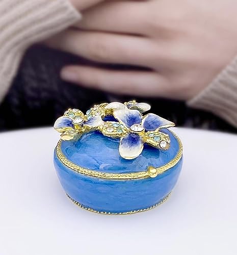 JWT Astyle Orchid Flower Blue Trinket Boxes Hinged Small Jewelry Box with Crystals.Collectible Trinkets Home Gift Enamel Decorative Tiny Keepsake Box Decor Necklace Rings Earrings Organizer.
