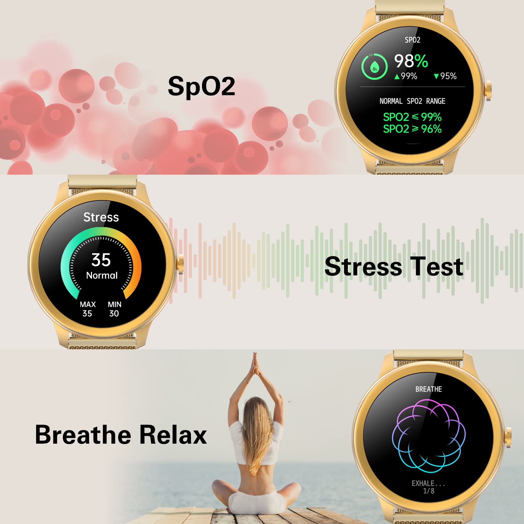 BRIBEJAT Smart Watch for Women Compatible Samsung iPhone Android Phones(Dial/Answer Calls) Voice Assistant, Aluminum Case, Gold