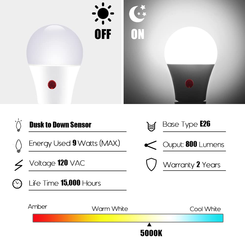 Emotionlite Dusk to Dawn Sensor Light Bulbs Outdoor,Neutral White LED Bulbs, 60 Watt Equivalent, Automatic On/Off, Porch, Patio,Garage, Hallway, Basement, A19 Size, 9W, E26 Medium Base (3 Pack)