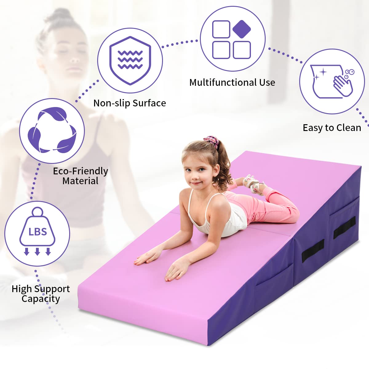 BLKMTY Gymnastics Mat Tumbling Mats Folding Mat 48"x24" Gymnastics Equipment Incline Mat Cheese Wedge Skill Shape Indoor/Outdoor Exercise Mat Yoga Mat for Kids Play Home Exercise Aerobics, Pink