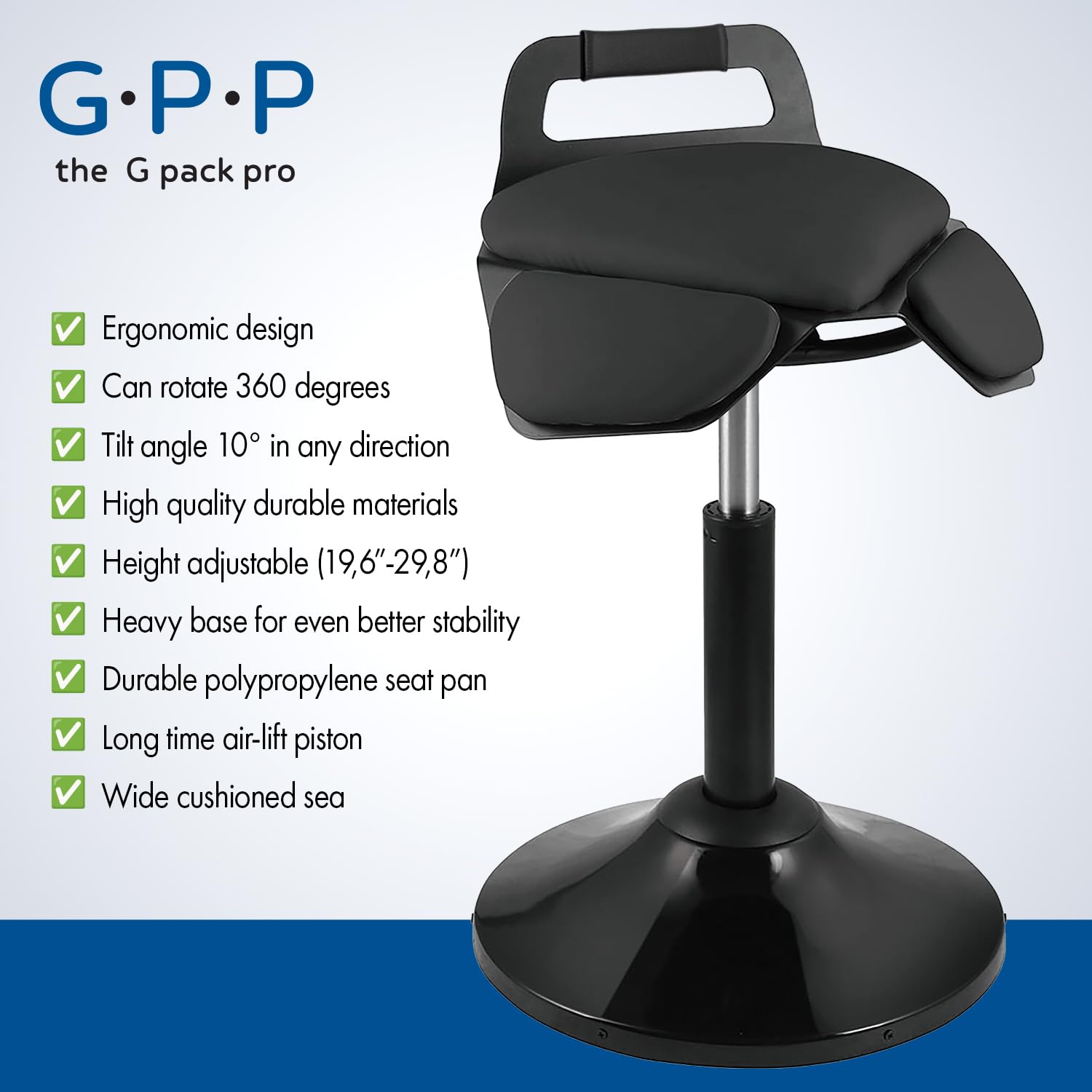 G-PACK PRO Standing Desk Chair β Ergonomic Comfortable Height Adjustable Active Stool - Swivel Sitting Balance Portable Chair - Encourage Good Posture (Black)