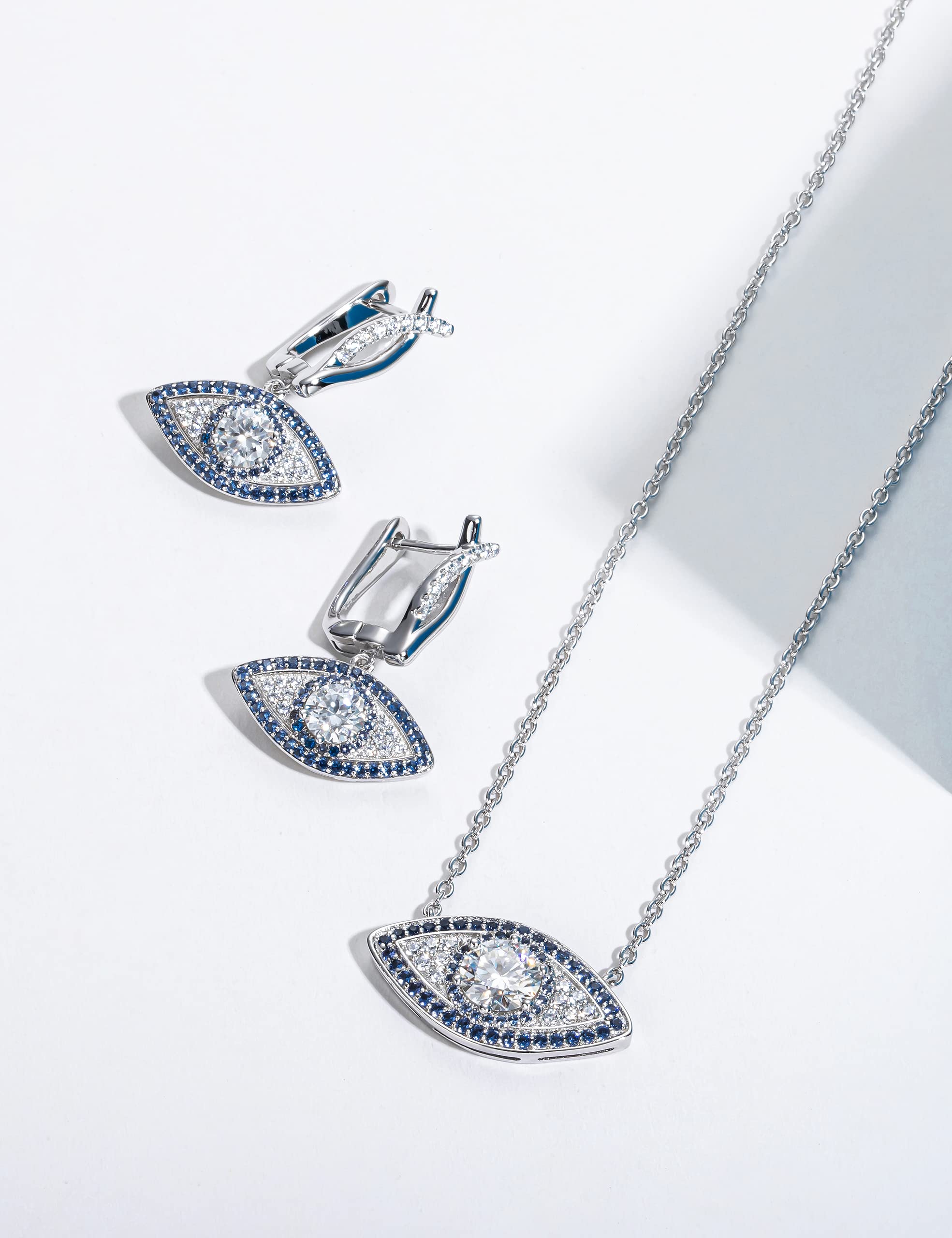 CannyCat Moissanite Evil Eye Pendant Necklace 1.2 CTTW D color VVS Moissanite and Sapphire Necklaces Lab Created Diamond Platinum Plated Sterling Silver Chain 16β+2β Lucky Gift for Women