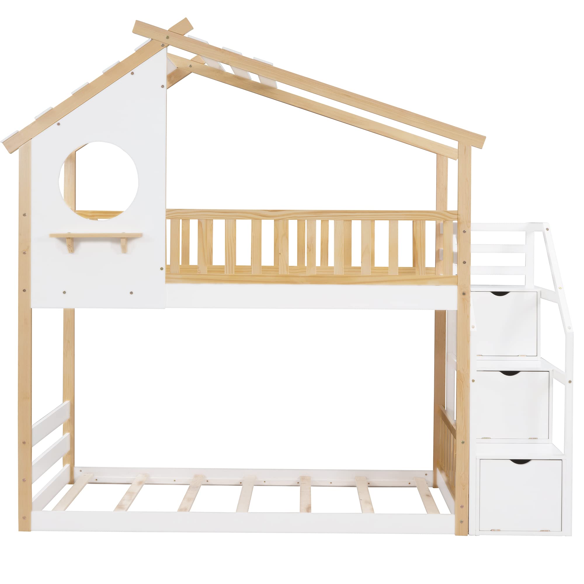 House Bed Bunk Beds with Stairs, Twin Over Twin Bunk Bed with Storage and Guard Rail, Floor Bunk Bed with Roof, Wood Bunk Bed Frame for Kids, Teens, No Box Spring Needed (Natural & White)