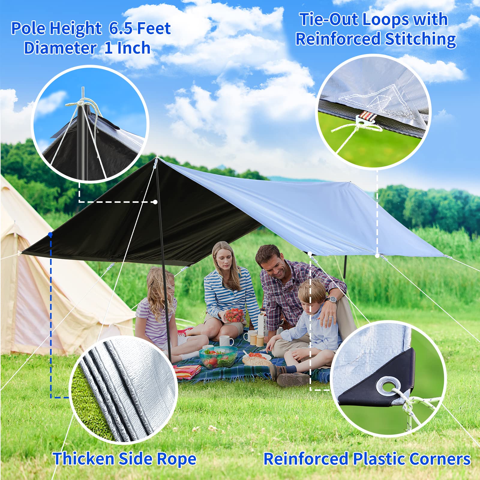 CAMPMAC Lightweight Camping Tarp Set, (10 Ftx13 Ft) - with 2 Heavy Duty Poles, Hammock Tarp, Hammock Tent, Rain Tarp for Used with Car, Tent and Hammock in Camping - (Silver/Black)