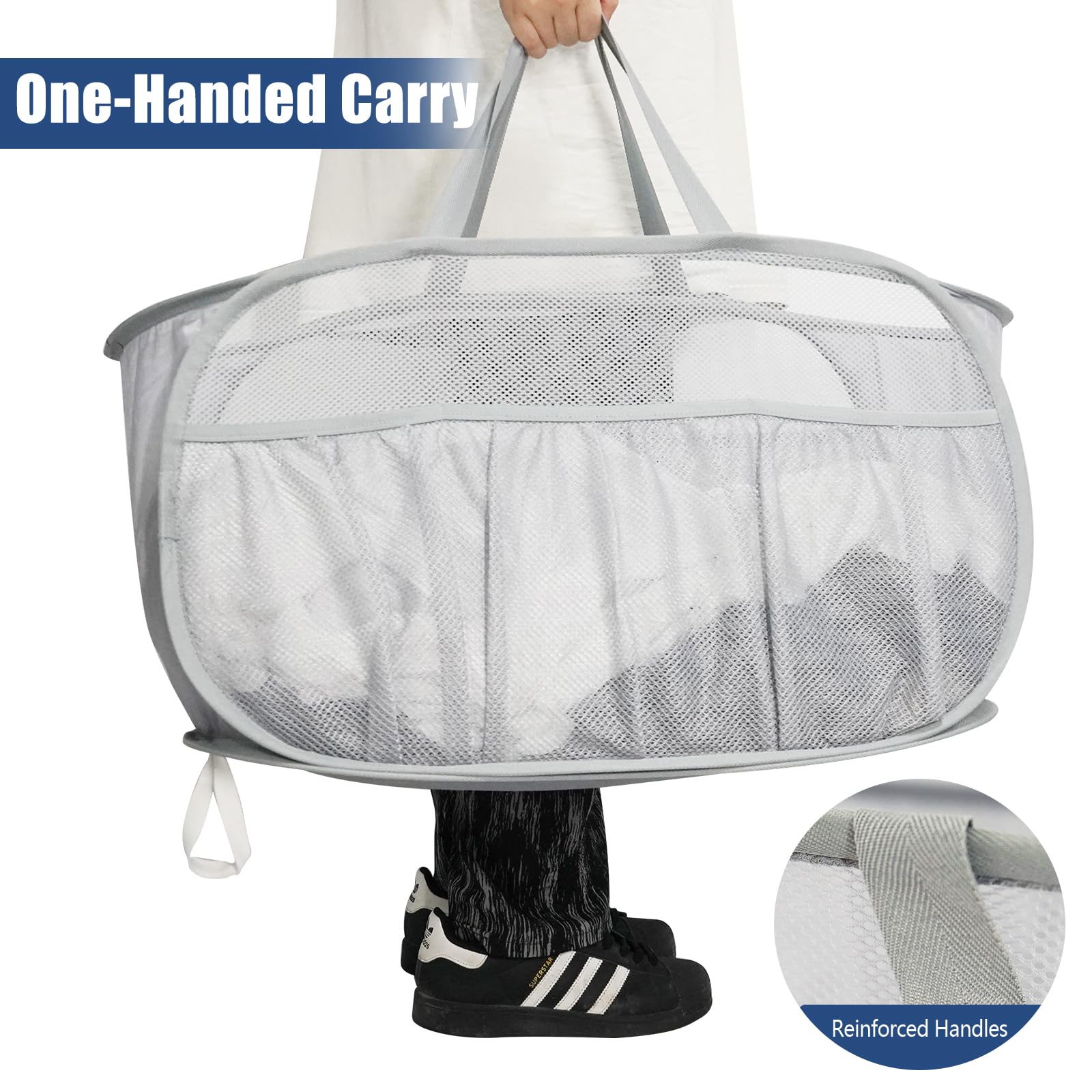 Collapsible Laundry Baskets, Upgrade Pop Up Laundry Hamper with Convenient Bags, Foldable Laundry Basket Mesh Light Weight, Easy to Carry Clothes Hampers for Laundry, Dorm, Toys, Travel Grey