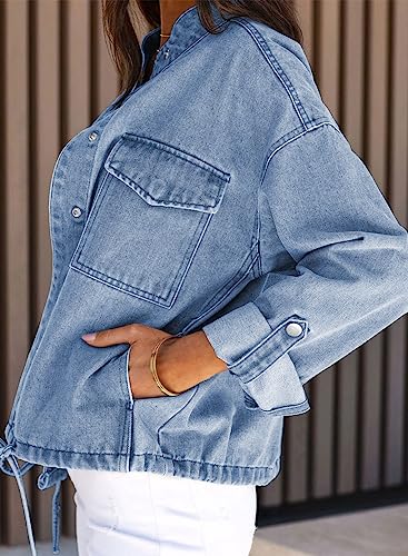 Dokotoo Jean Jackets for Women Cropped Jackets Fashion Spring Fall 2023 Casual Long Sleeve Utility Cargo Denim Jacket Button Down Trucker Shacket Jackets Coat with Pockets Sky Blue Medium