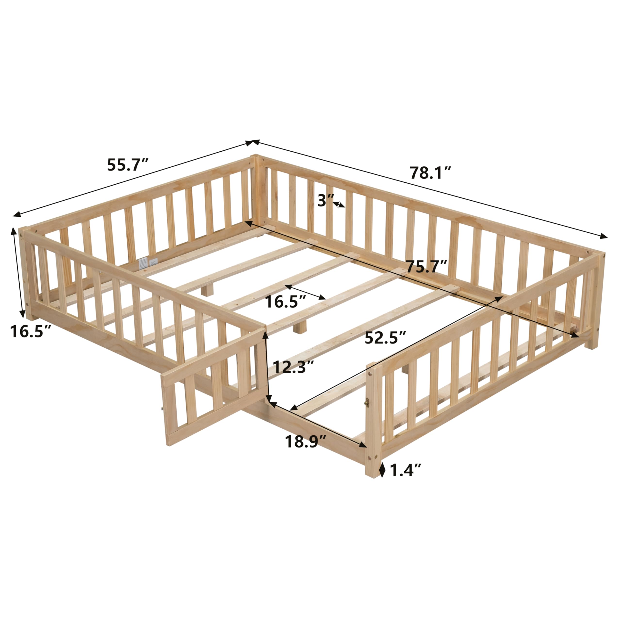 Harper & Bright Designs Floor Bed Full Size Montessori Bed Frame with Fence and Door, Wooden Full Platform Bed for Kids, Boys Girls, Slats Included, No Box Spring Needed, Natural