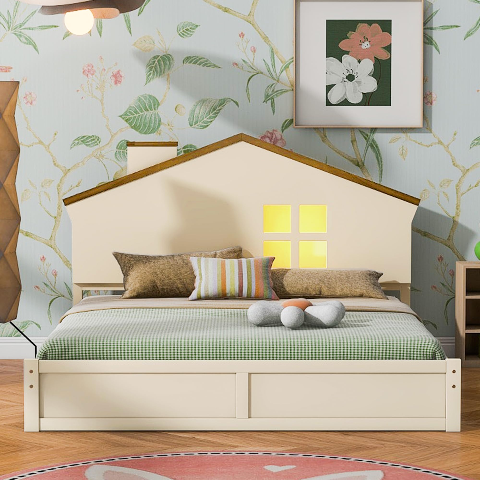 Harper & Bright Designs Full Size Bed Frame with House-Shaped Headboard, Wood Kids Platform Bed with Built-in LED, Cute Single Bed for Girls Boys, No Box Spring Needed (Full,Walnut+Milk White)