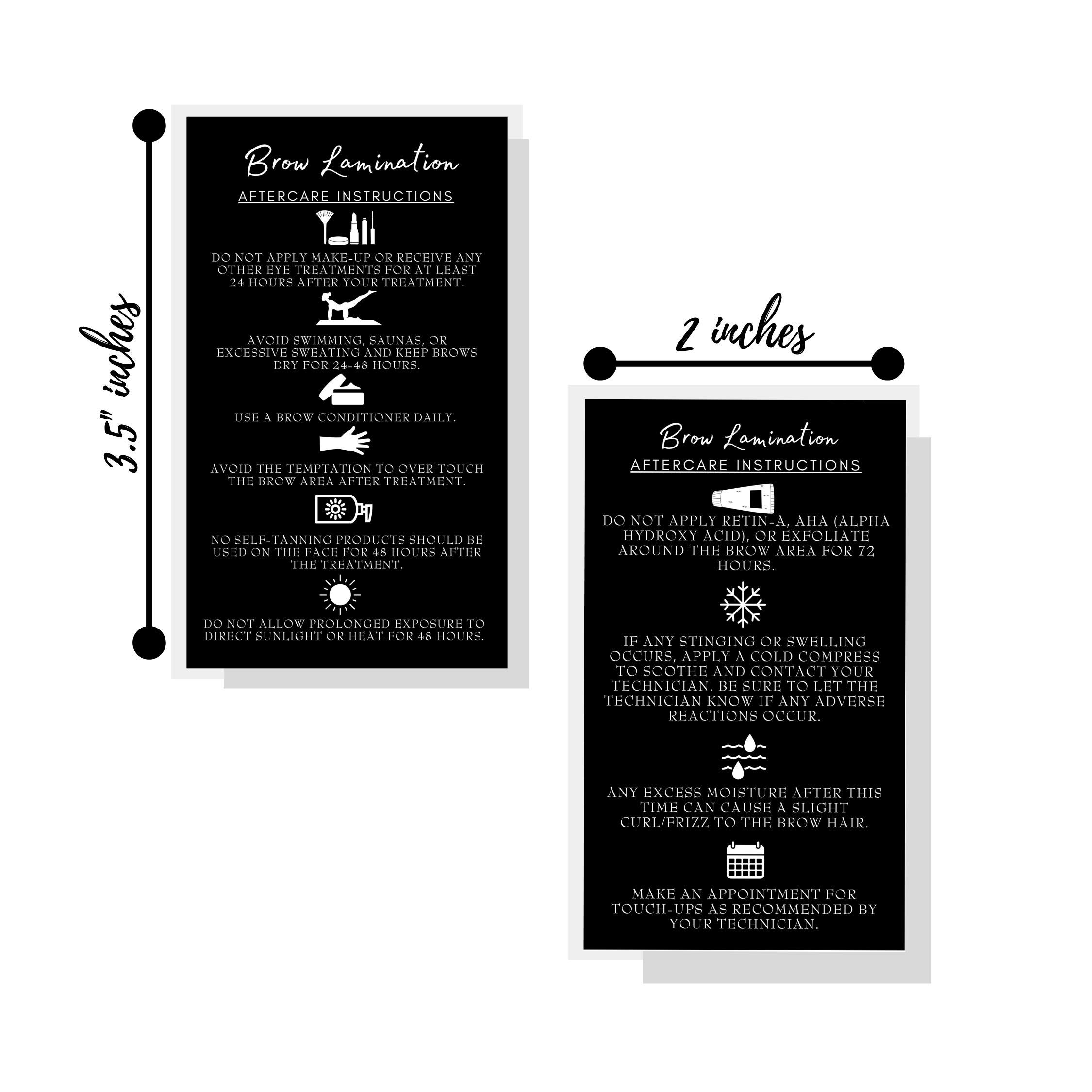 Brow Lamination Aftercare Instruction Cards | 50 Pack | 2x3.5β inches Business Card Size | Starter Lift Kit At Home DIY Brow Lift and Tint | Snatched Brows Black with White Icons Design