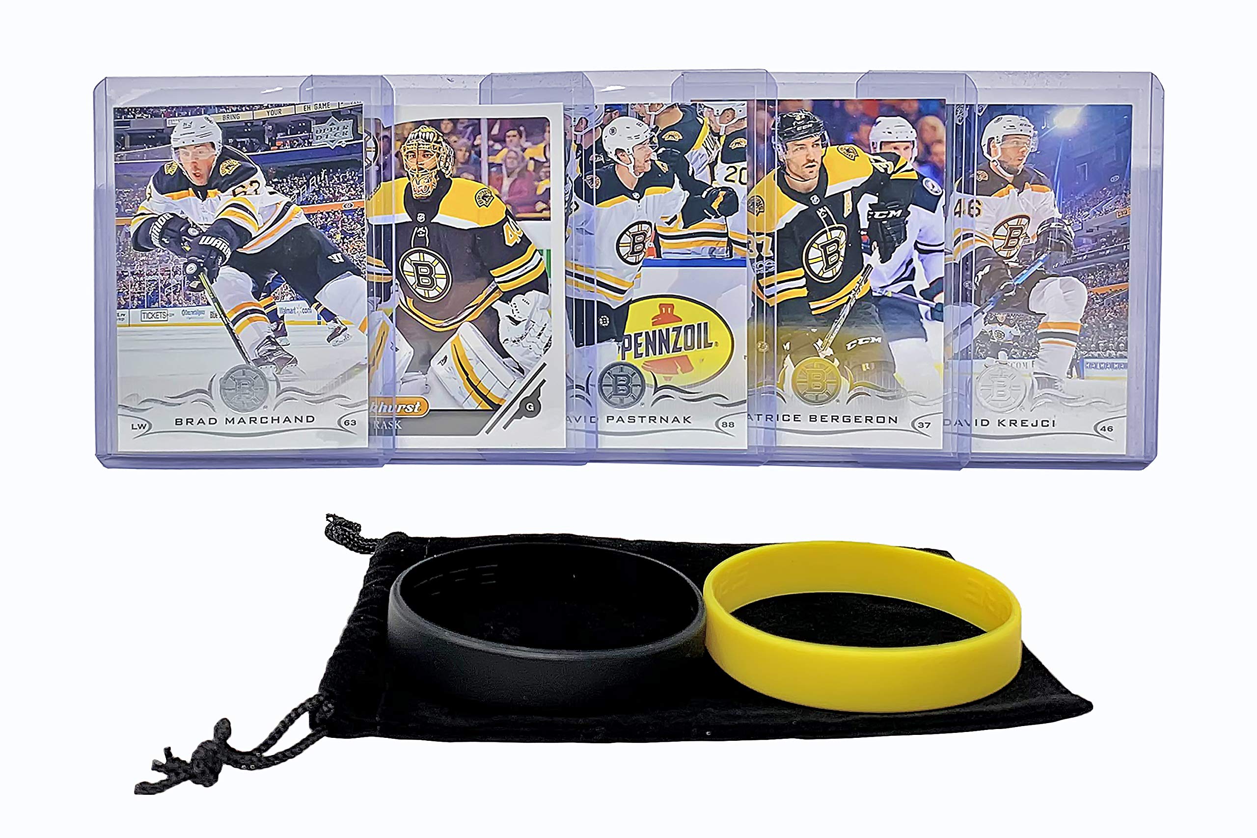 Boston Bruins Cards: Brad Marchand, David Pastrnak, Patrice Bergeron, David Krejci, Tuukka Rask Assorted Hockey Trading Card and Wristbands Bundle