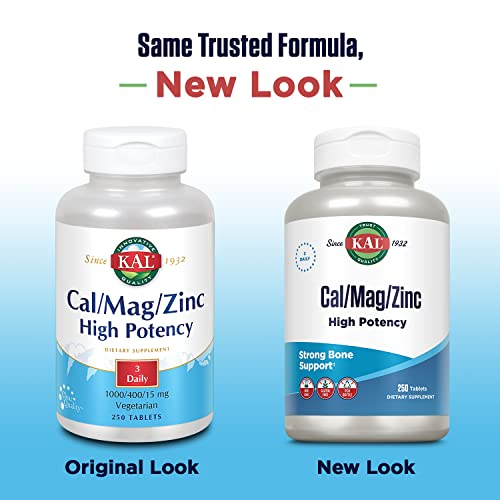 KAL Cal/Mag/Zinc | 1000mg Calcium, 400mg Magnesium & 15mg Zinc | Bone, Muscle, Heart & Immune Support | 250ct, 83 Serv.