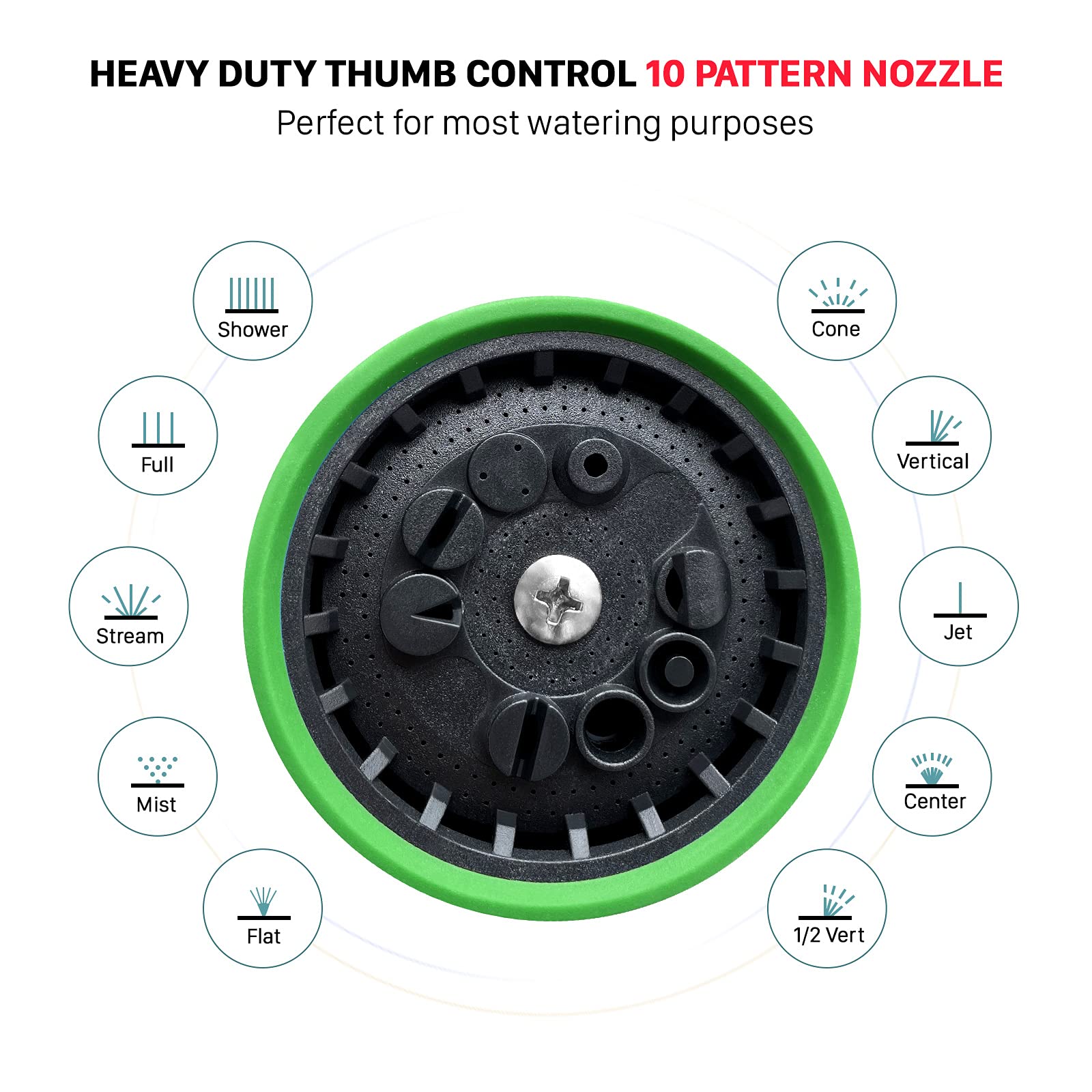 Garden Hose Nozzle, 10 Patterns Metal Water Hose Nozzle Heavy Duty Hose Spray Nozzle with Thumb Control for Watering Lawns,Car Washing,Bathing Pets Green