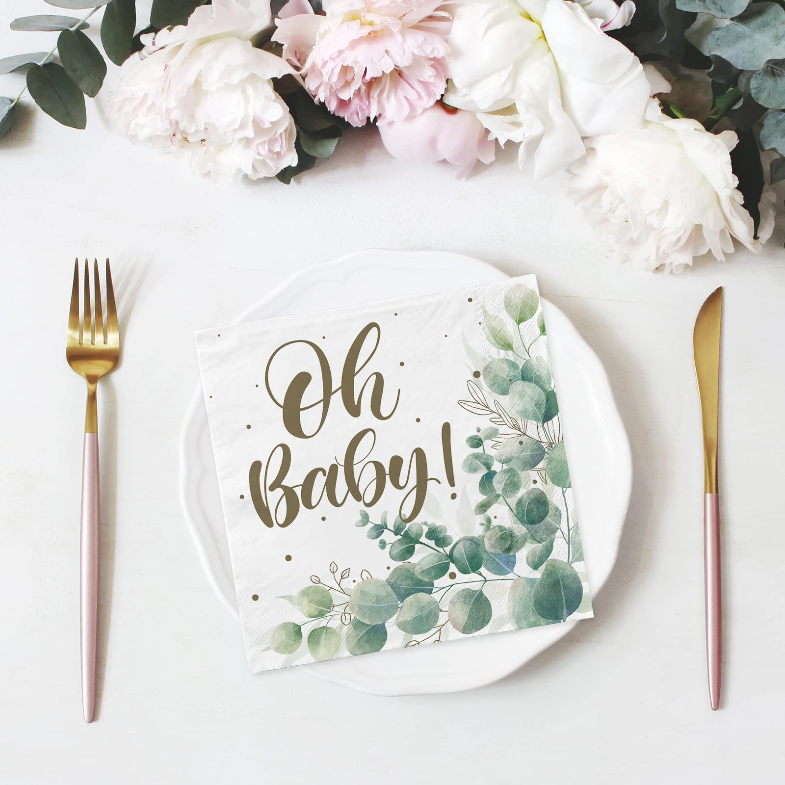 Sage Greenery Baby Shower Disposable Paper Napkins 3-ply Boho Greency Beverage Napkins for Sage Greenery Baby Shower Party(6.5X6.5 in, 50-Pack)