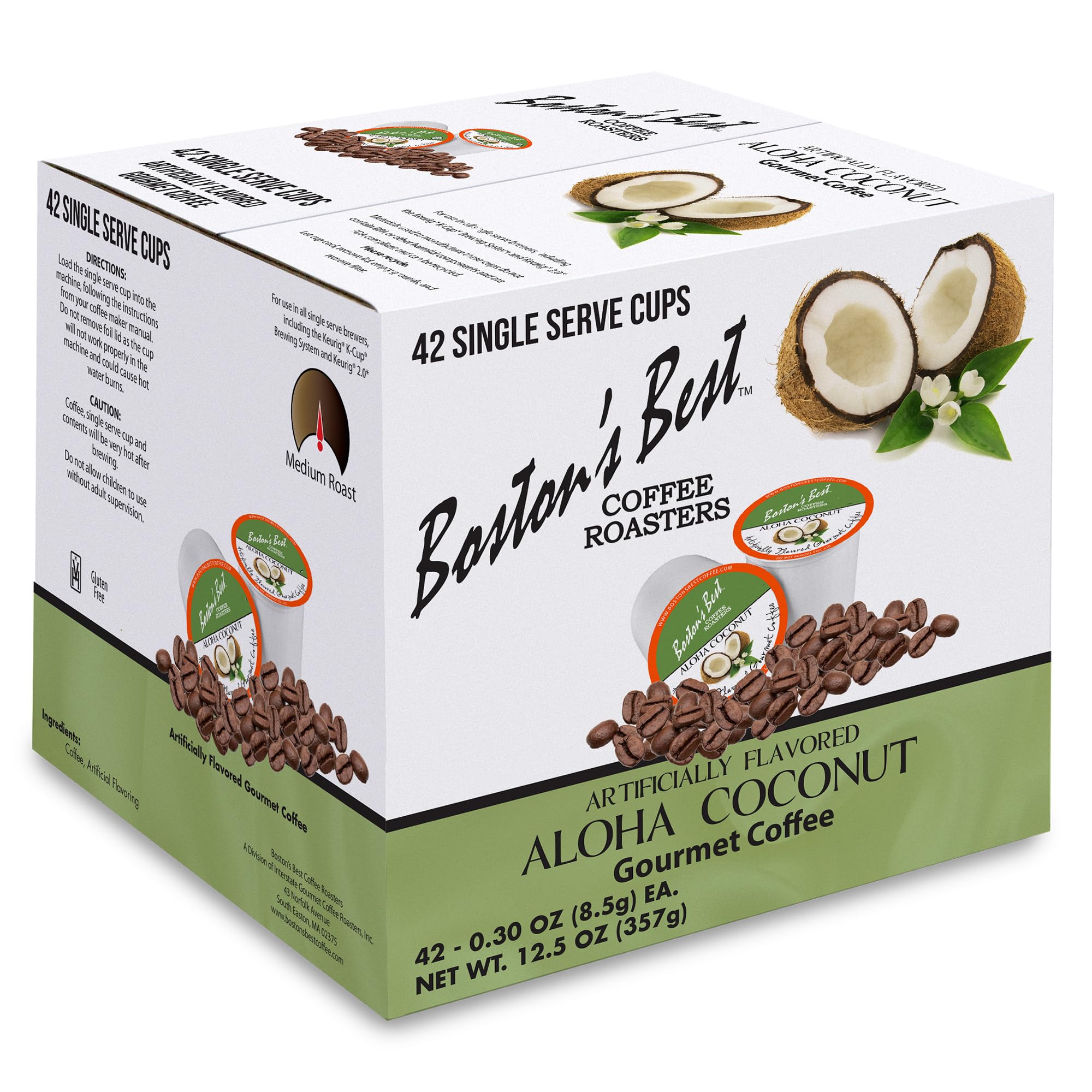 Boston’s Best Gourmet Coffee – Aloha Coconut Flavored Coffee – Medium Roast – Single Serve Coffee Pods, Compatible with Keurig Brewers – 42 Pods
