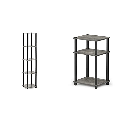 Furinno Turn-N-Tube 5-Tier Corner Square Rack Display Shelf, Round, French Oak Grey/Black & Just 3-Tier End Table, 1-Pack, French Oak Grey/Black