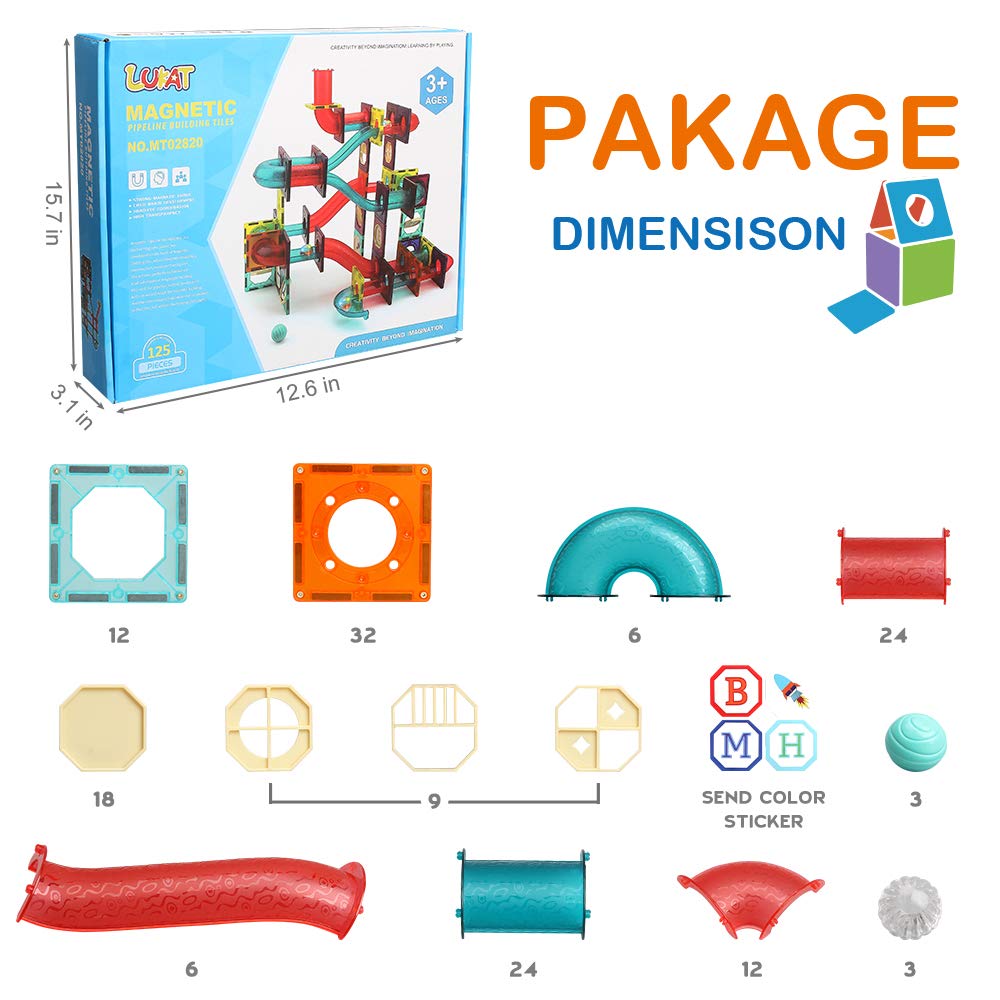 Magnetic Tiles,125 Piece Pipe Magnetic Blocks for Toddlers, 3D Clear Magnets Toys, STEM Toy Children Magnetic Tiles Building Set for Kids Boys Girls Age 3 4 5 6 Year Old 3