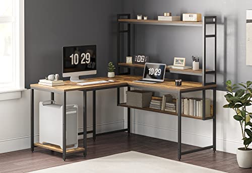 CubiCubi L Shaped Desk with Hutch and Storage Shelves, 59.1 Inch Corner Desk with Bookshelf, Computer Office Workstation for Home Office, Rustic Brown