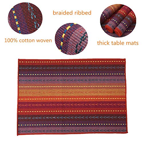 Red-A Hand Woven with 100% Cotton Placemats Colorful Placemats Braided Ribbed Durable Heat-Insulation Table Mats Set of 6,Rainbow