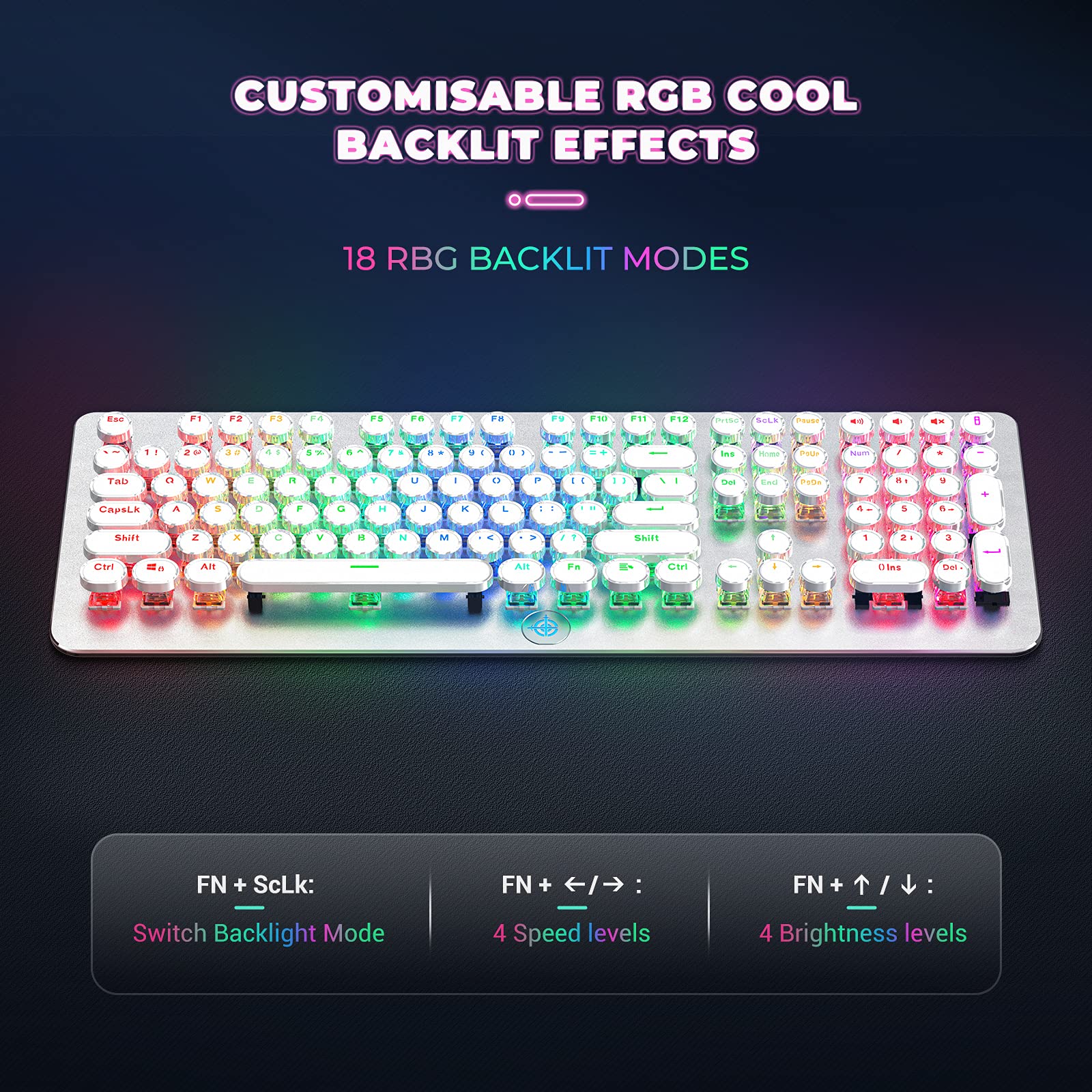 STOGA Retro Mechanical Keyboard, Typewriter Keyboard, RGB Gaming Keyboard with RGB Backlit, Wired White Keyboard with Round Keycaps and Multimedia Keys for Gaming/Office(108 Keys, Brown Switch)