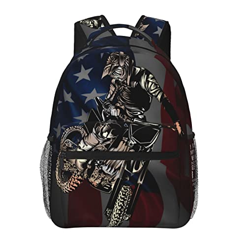 FuriTou Motocross Dirt Bike American Flag Backpack Motorcycle Biker Double Shoulder Bag Laptop Bagpack for Men Women Bookbag for Work Camping Travel