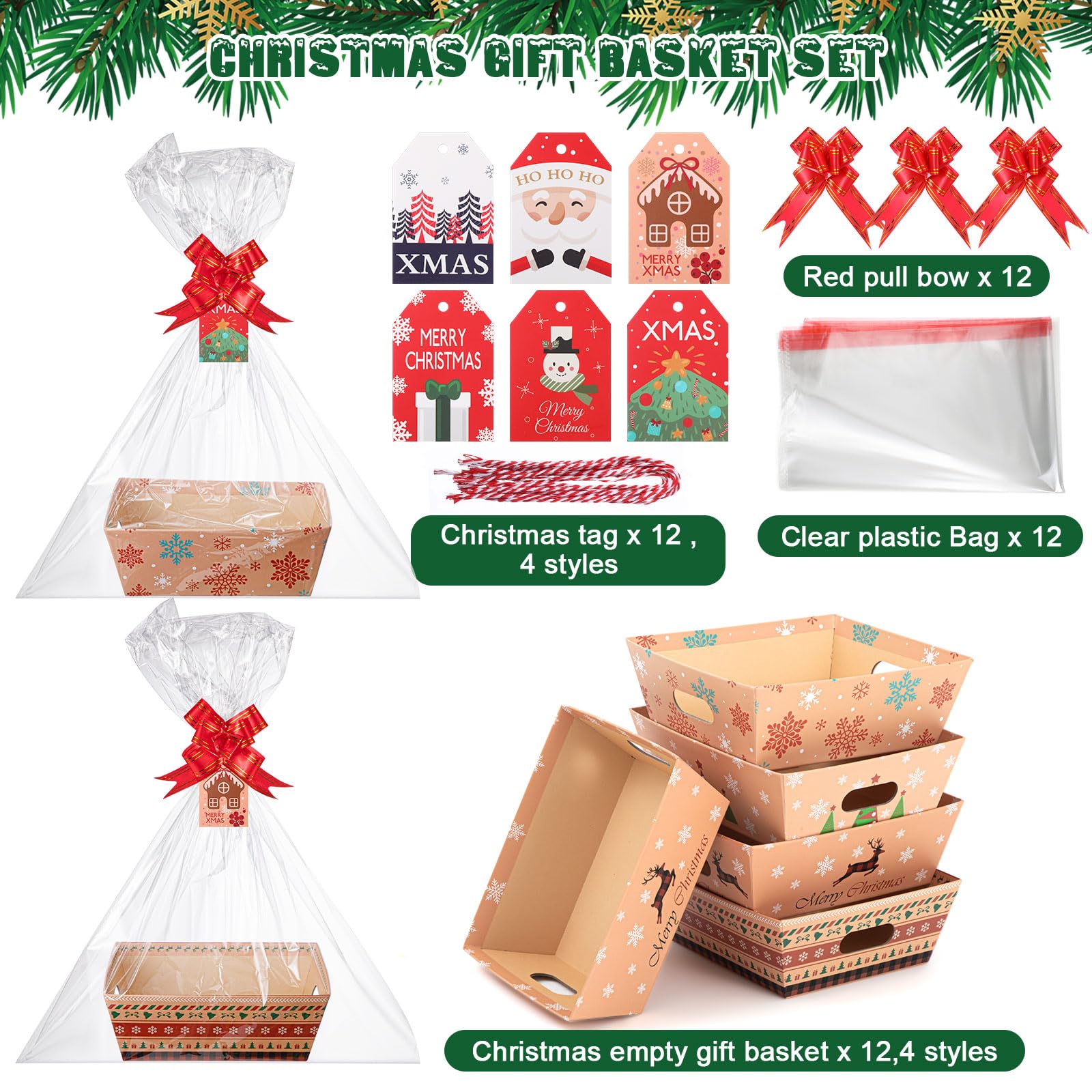 Cholemy 12 Sets Large Christmas Basket for Gift Empty Gift Basket Kit Gift Basket Empty to Fill with Handles Wine Basket Kraft Cardboard Tray for Christmas Birthday Party Gift Wrapping (Red,Classic)