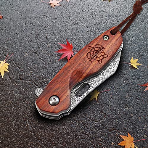 CHELONIAN Mini Damascus Outdoor Pocket Knives with Liner Lock Wood Handle,Gift Box