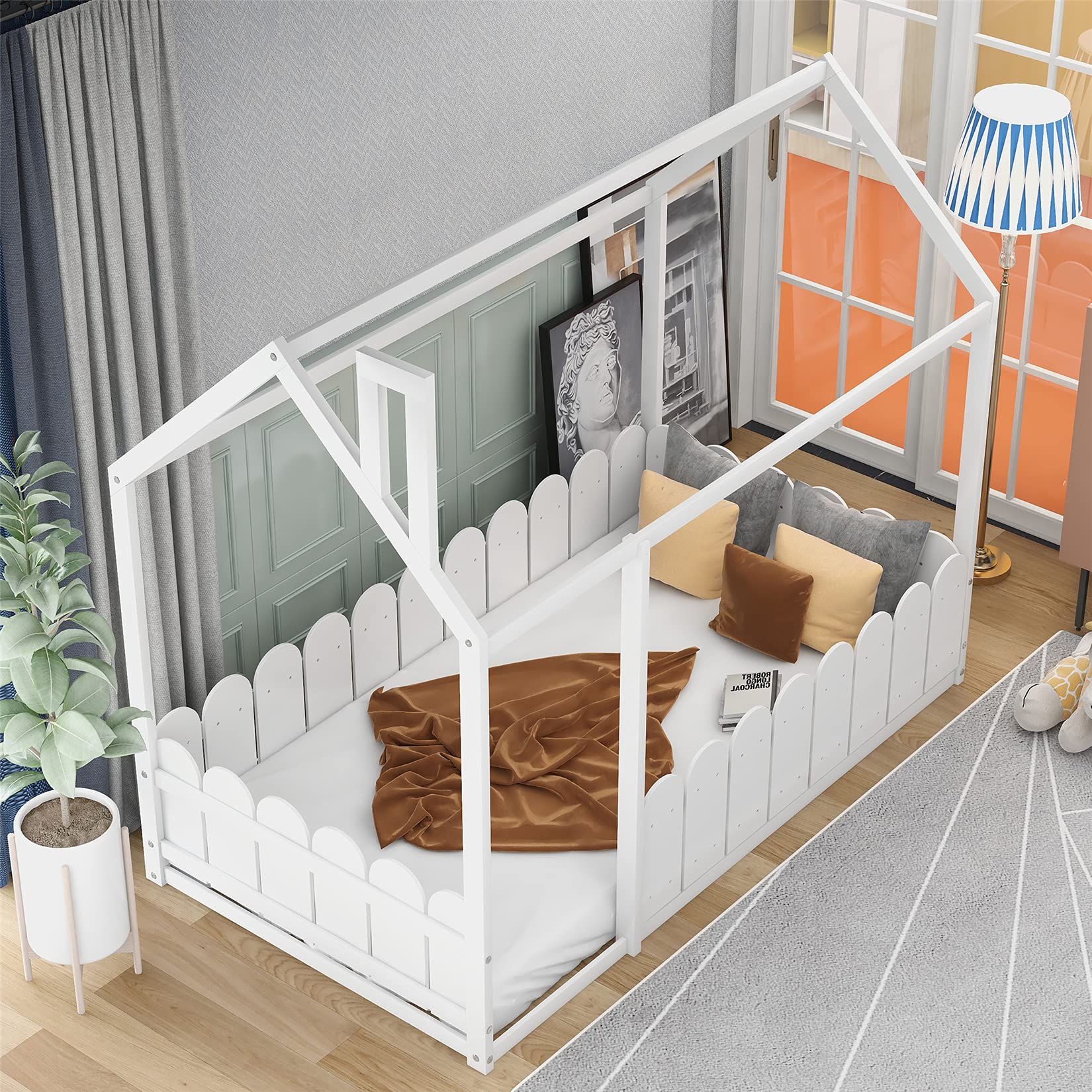 Harper & Bright Designs Kids House Beds, Twin Floor Bed with Fence Wood Cabin Bed Frame Can be Decorated for Kids, Teens, Girls, Boys, White