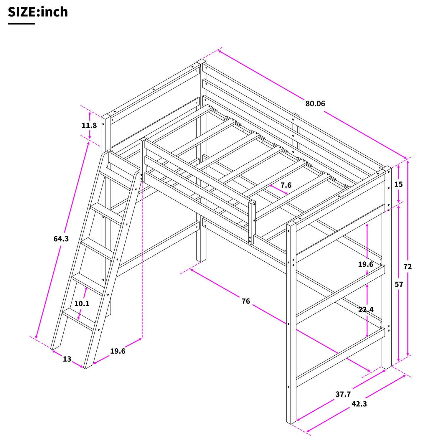 Harper & Bright Designs Loft Bed with Ladder and Safety Rail, Hight Loft Bed Twin Size, Wooden Loft Bed Frame, Twin Size Loft Bed for Decoration of Various Rooms (White)