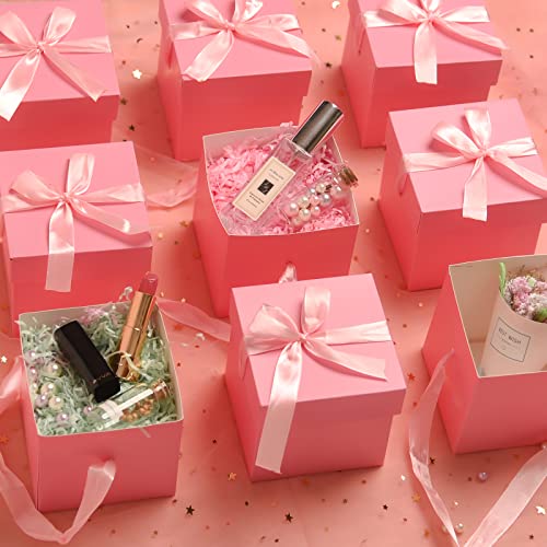 GP SUP 6”×6”×6”Pink Gift Boxes with Lids,12 Pcs Beautiful Squared Boxes with Ribbon Perfect for Weddings,Christmas, Birthday,Valentines Day