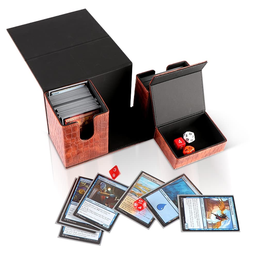 Card Game Deck Storage Box with two Compartment for cards and one for dice-Holds up to 192+ Cards and 15 Dice-PU leather with a comfortable touch-MTG/TCG/CCG/YugiOh/ultimate guard/commander(Black)