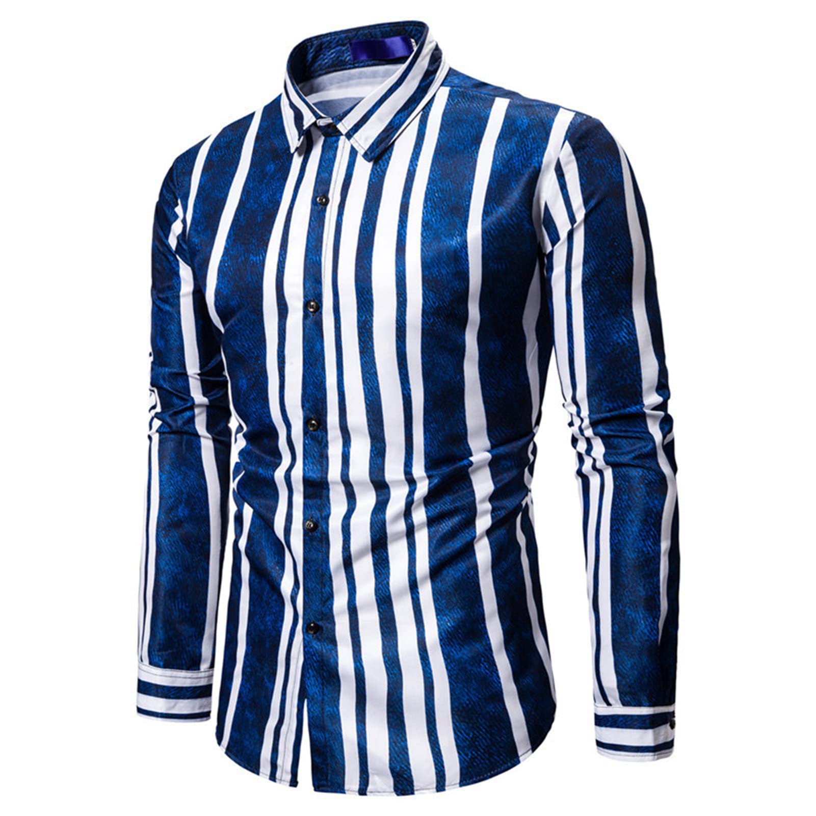 Men's Long Sleeve Stylish Dress Shirts Striped Casual Button Down Shirts Regular Fit Turn-Down Collar Shirt Top (Dark Blue,3X-Large)