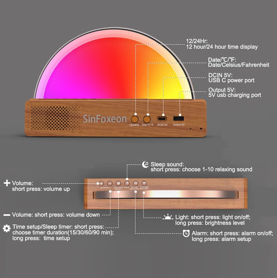 SinFoxeon Sunrise Alarm Clock, Wake Up Light with Simulation Sunrise Touch Dynamic Atmosphere Light 6 Natural Sounds 7 Color Sleep Breathing Light Suitable for Kids and Heavy Sleepers