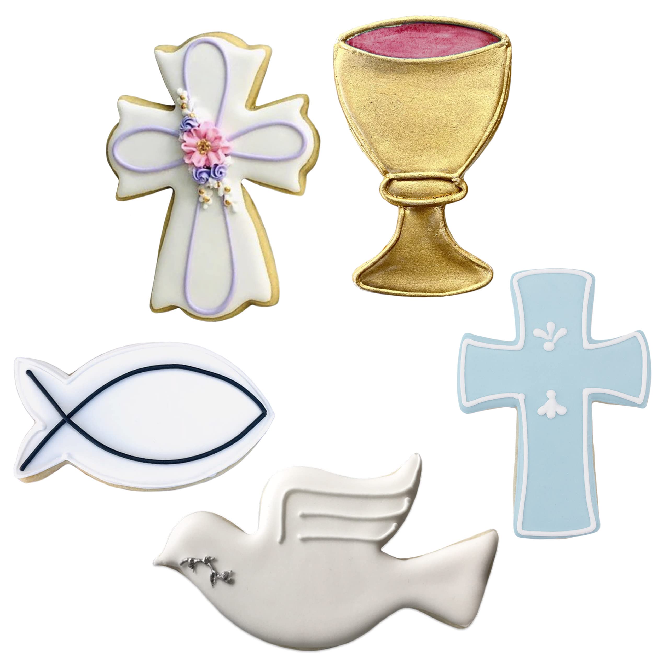 Communion Baptism Confirmation Easter Cookie Cutters 5-Pc. Set Made in the USA by Ann Clark, Chalice, Jesus Fish, Holy Cross, Dove, Fancy Cross