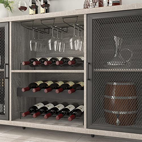 IBF Rustic Liquor Bar Cabinet, Industrial Coffee Wine Cabinet for Liquor and Glasses, Farmhouse Bar for Home Kitchen Living Dining, Sideboard Buffet Cabinet with Bar Rack Storage, Light Gray Oak 55 In
