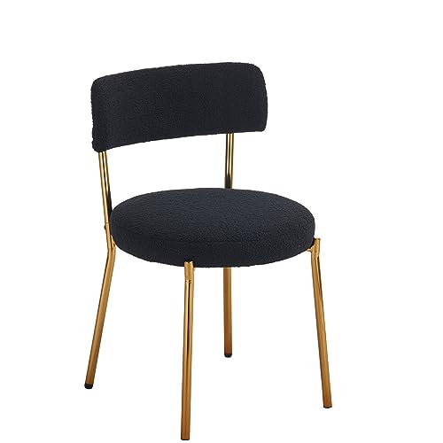 Dolonm Kitchen Dining Chairs Set of 2, Teddy Fabric Upholstered, Bouclé and Sherpa Chair, Curved Back Kitchen Chair, Metal Frame Side Table Chair, Black with Gold Legs (Set of 2)