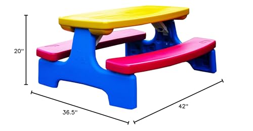 JustForKids Weatherproof Kids Outdoor Picnic Table Bench Play Table, no Assembly Required, Easy Pull/Snap Set up, 42" L x 36.5'W x 20'H, One Piece Together, Fits up to 6 Kids, Assorted, (10010)