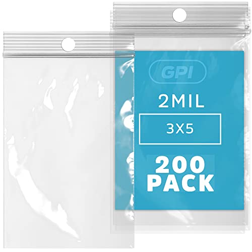 GPI - 3" x 5" - Bulk Pack of 200, 2 Mil Thick, Clear Plastic Reclosable Zip Bags, Hang Hole for Display, Durable Poly Baggies with Resealable Zip Top Lock for Storage, Packaging & Shipping