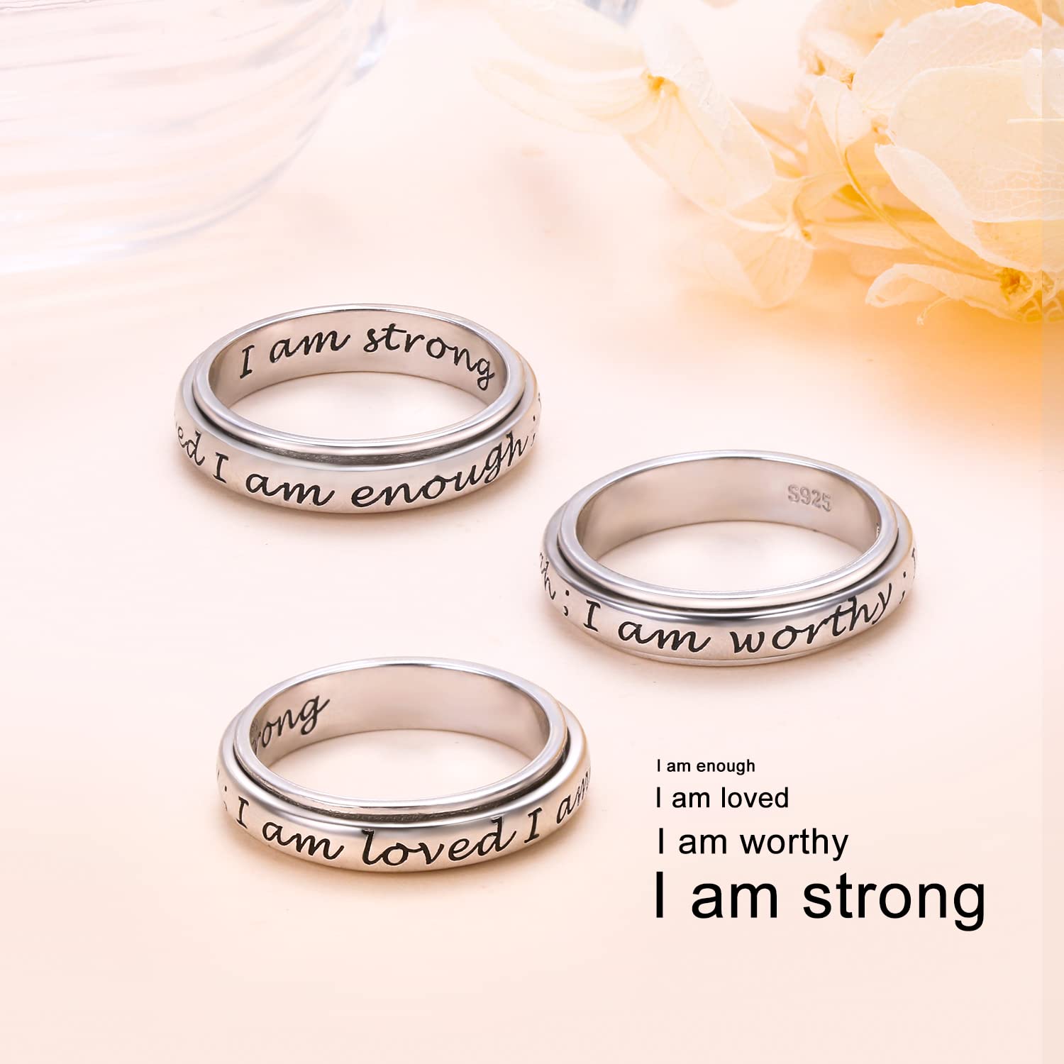 JZMSJF Men Women Spinner Ring 925 Sterling Silver Fidget Rings for Anxiety Stress Relieving ADHD Autism Rings I Am Enough Inspirational Band Ring Size 8