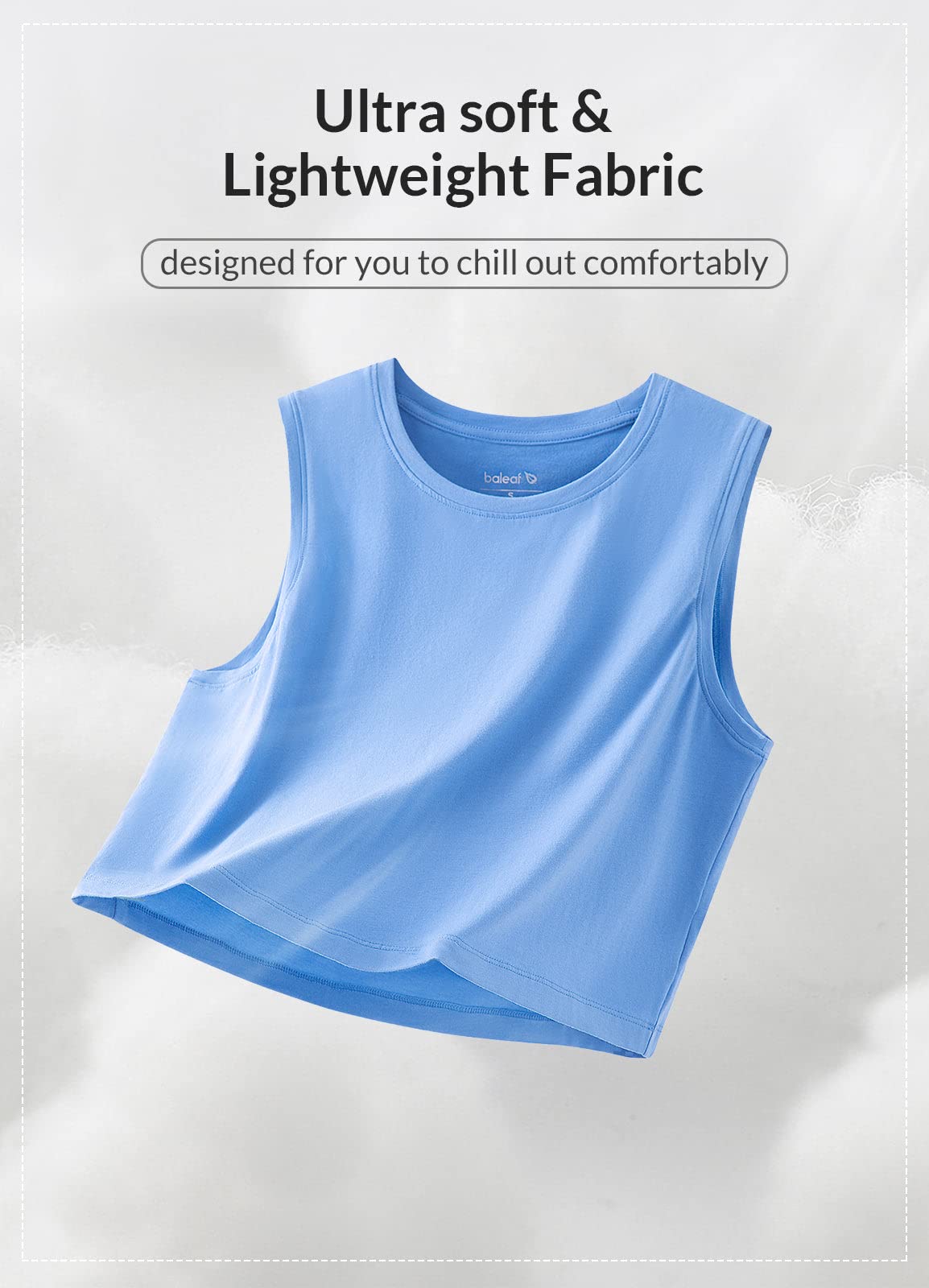 BALEAF Women's Workout Crop Tank Tops Pima Cotton Muscle Tank Sleeveless Tops Athletic Running Shirts Light Blue L