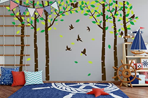 Six Birch Tree Wall Decals Birds Cute Squirrel Forest Wall Stickers for Kids Room Nursery Bedroom Living Room Classroom Decoration (Brown,Green)