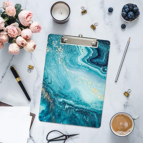 Hongri Plastic Clipboard, Standard A4 Letter Size Clip Board for Students, Teacher, Kids, Low Profile Clip, Decorative Clipboards, Cute Clip Boards Custom Pattern, School Supplies,Teal Marble