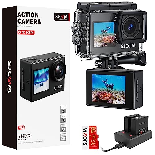 SJCAM Upgraded SJ4000 Action Camera 4K Ultra HD Dual Screen Underwater Camera 98FT Waterproof, 170° Wide Angle, Stabilization, 5X Zoom, WiFi Camera with Extra Battery, SD Card, Helmet Accessories Kit